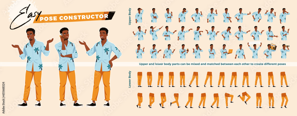 African american man, Hawaiian shirt handsome black boy character easy pose constructor ...