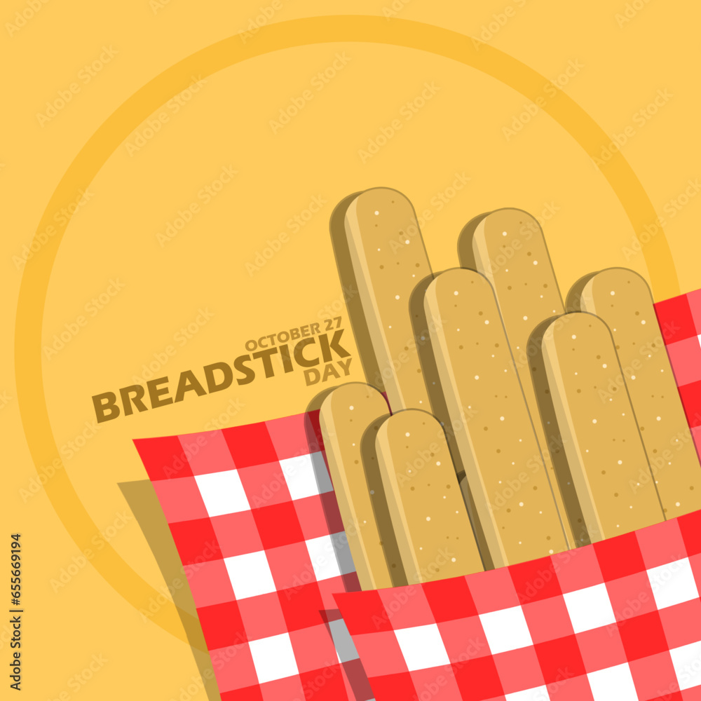 Several Breadstick with red checkered cloth and bold text in circle ...