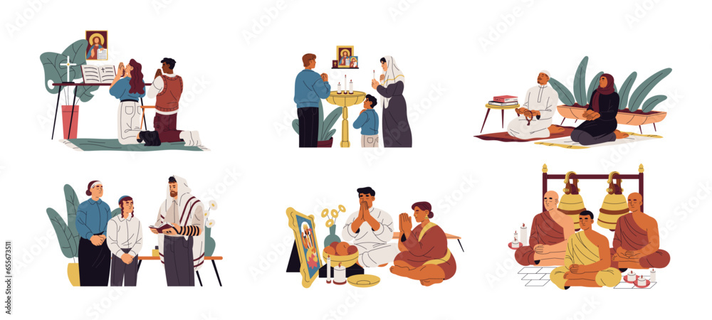 People with different religious, confession set. Diverse religion ...