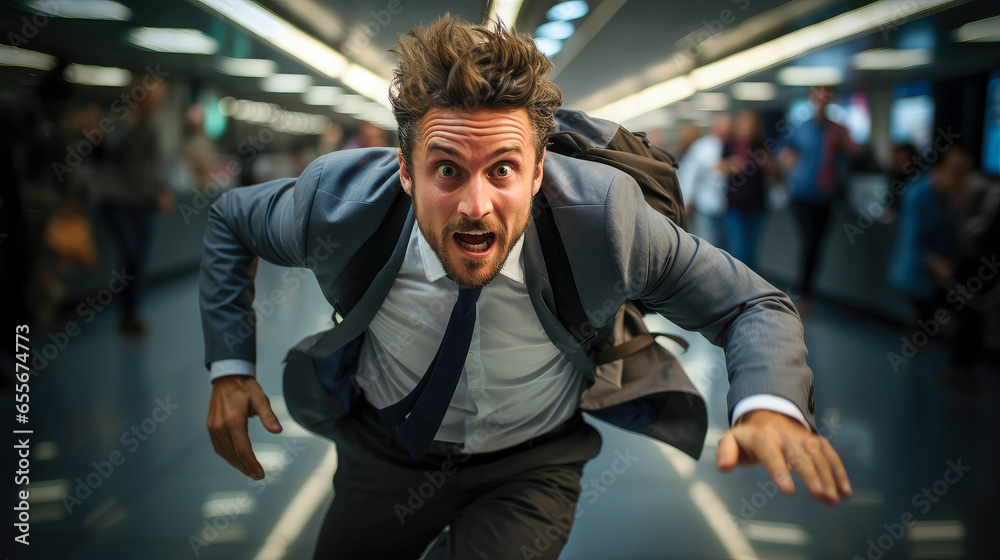 businessman running stressed to catch his flight - executive arriving ...