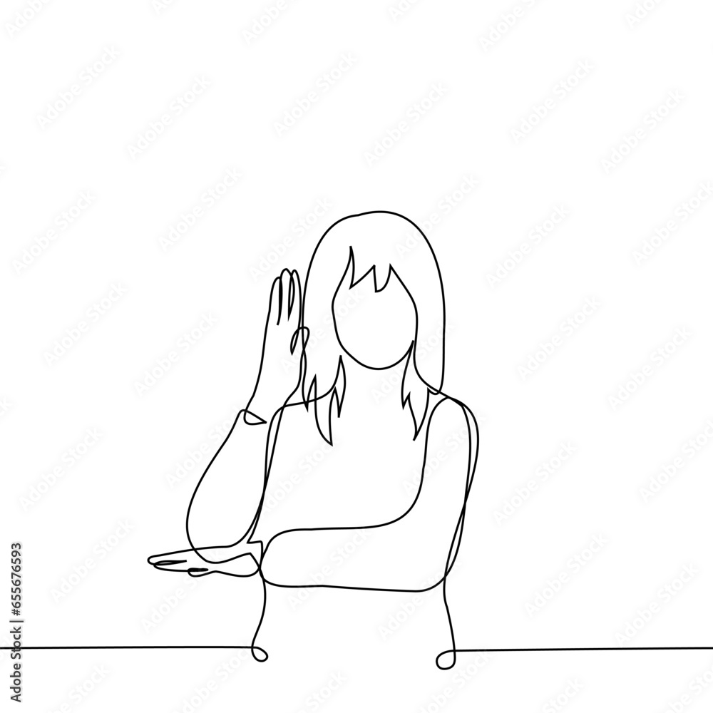 woman stands with her arm raised from the elbows up, the second arm is ...