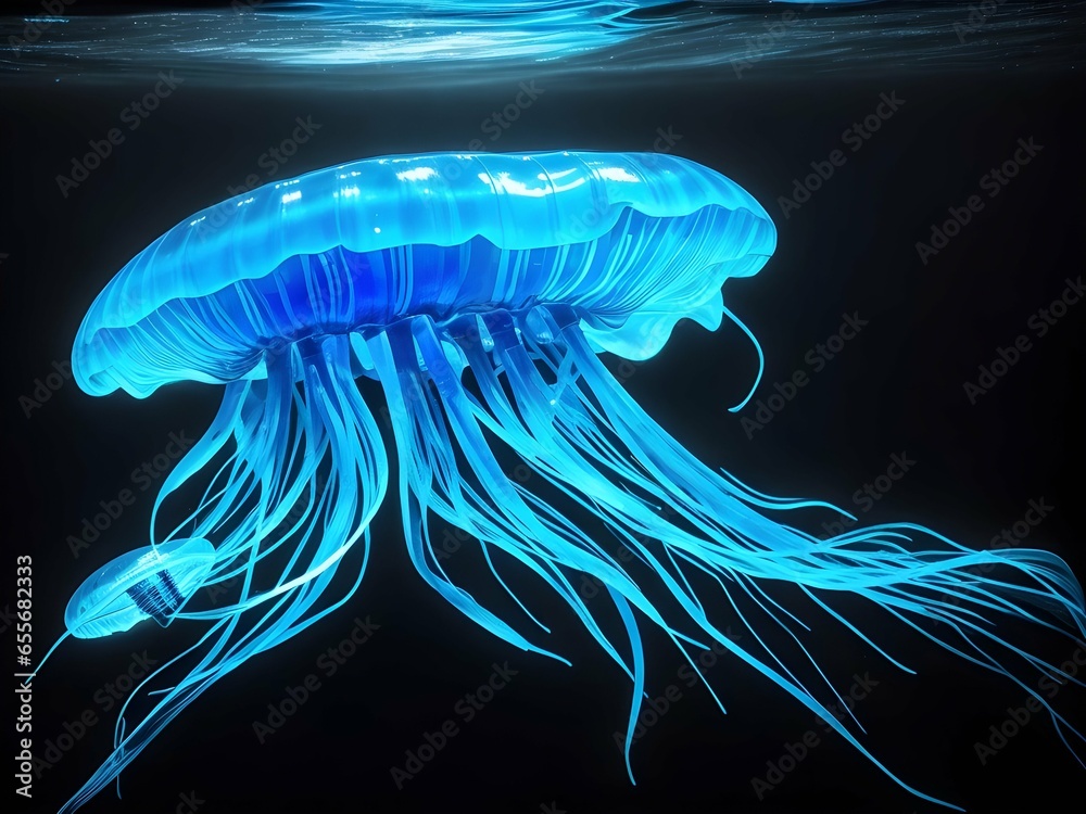 Stunning photo of the iconic glowing blue transparent jellyfish against ...