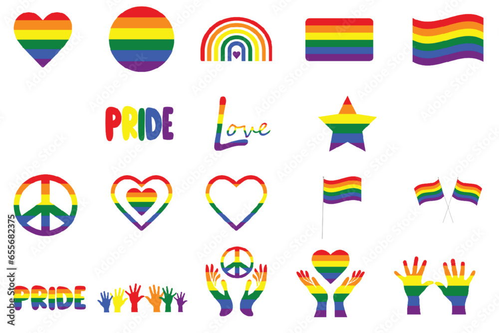 Pride LGBT symbols. Pride month, love signs and rainbow flags. LGBTQ ...