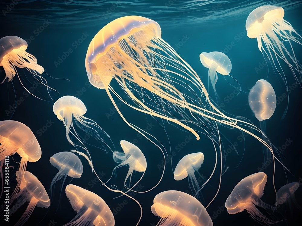 Stunning photo of the iconic glowing blue transparent jellyfish against ...