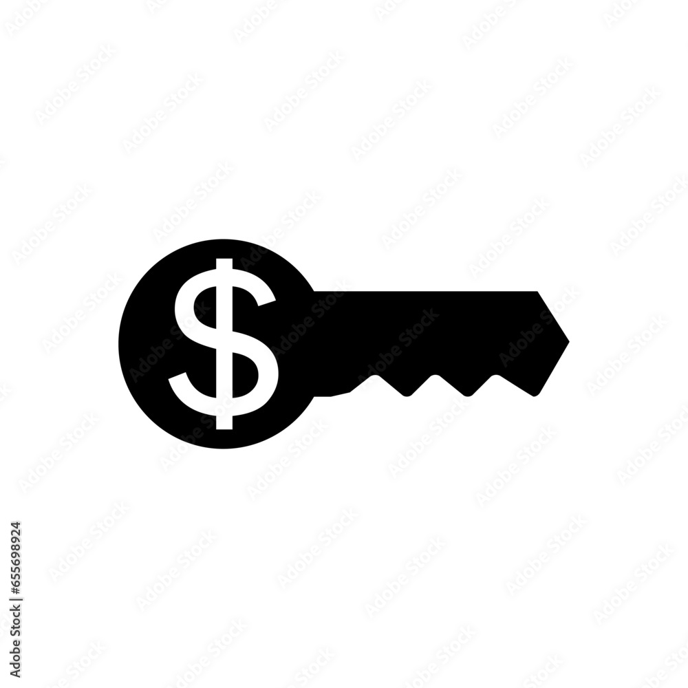 Door lock key with dollar symbol inside. Vector silhouette on empty ...
