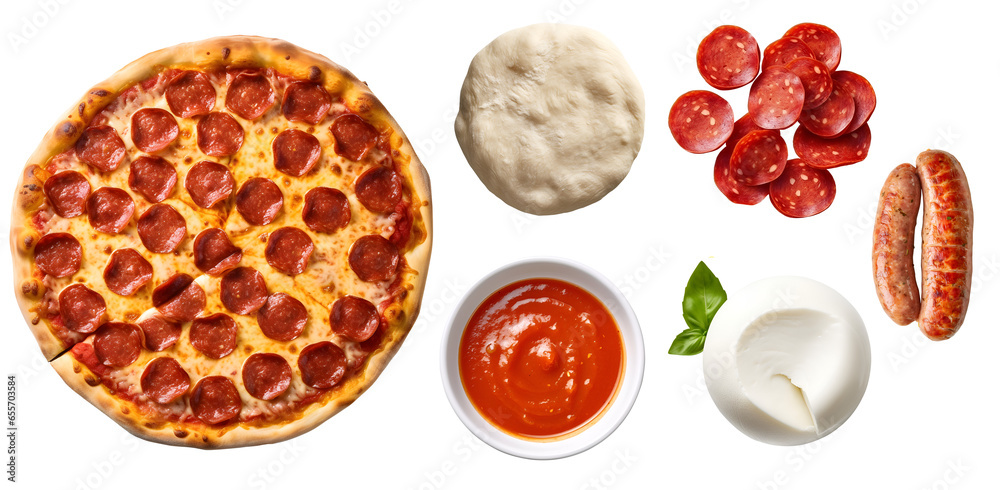 Pepperoni Pizza with ingredients, Tomato paste sauce, Mozzarella cheese ...