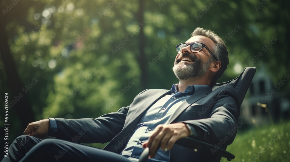 Mature businessman resting in lush green park after long day at work ...