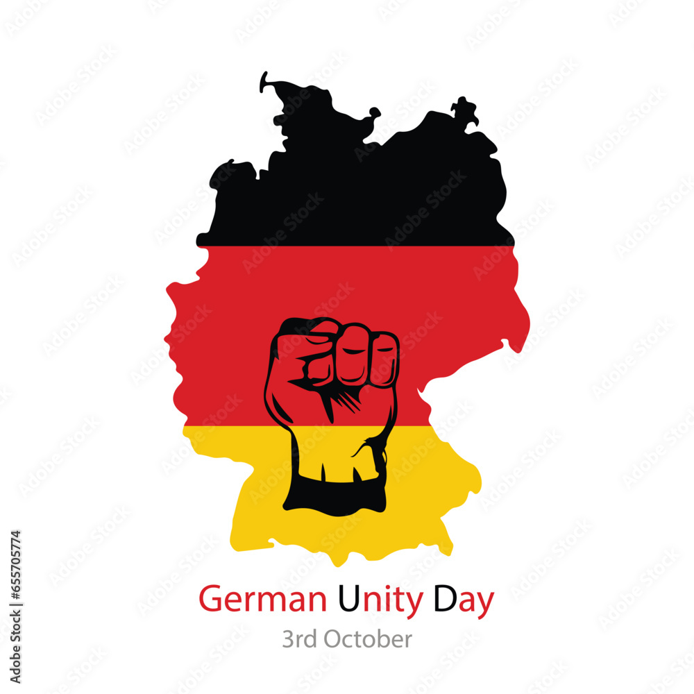 German flag and map with hand fist as a symbol of unity. Red yellow ...