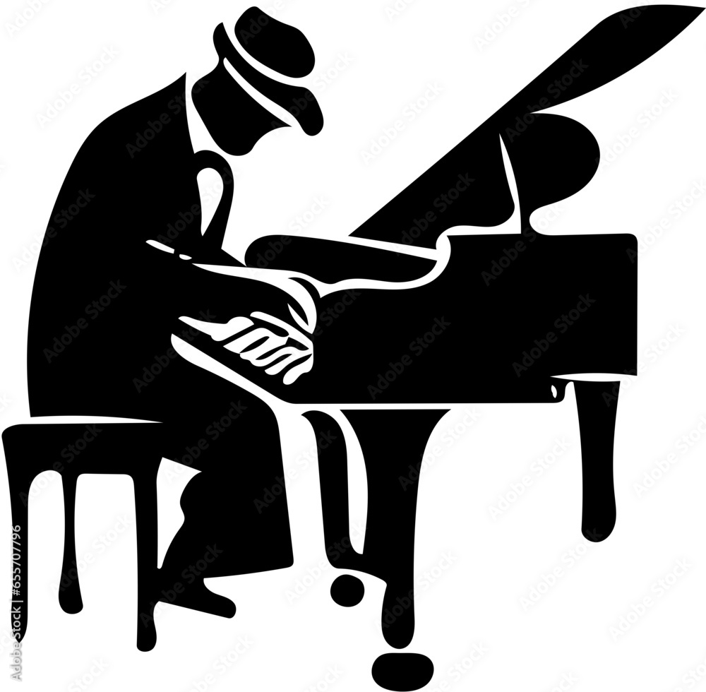 Vector illustration of a pianist playing piano in black isolated on ...