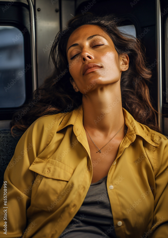 A tired female commuter travels on a bus or train and falls asleep on ...
