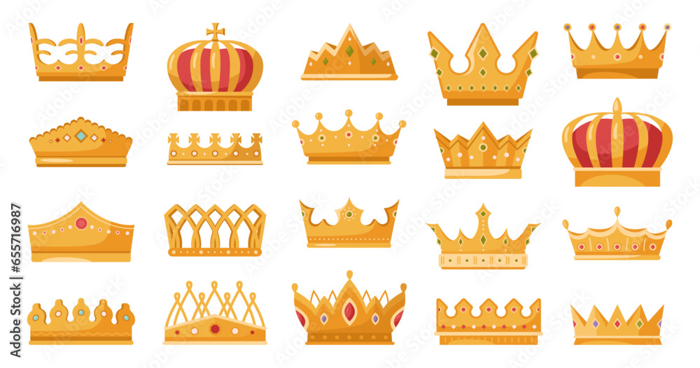 Golden royal jewelry symbol of king queen and princess, isolated flat ...