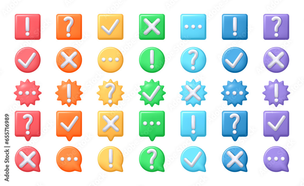 3D badges, glossy shapes with plus and minus, tick. Color emblems with ...