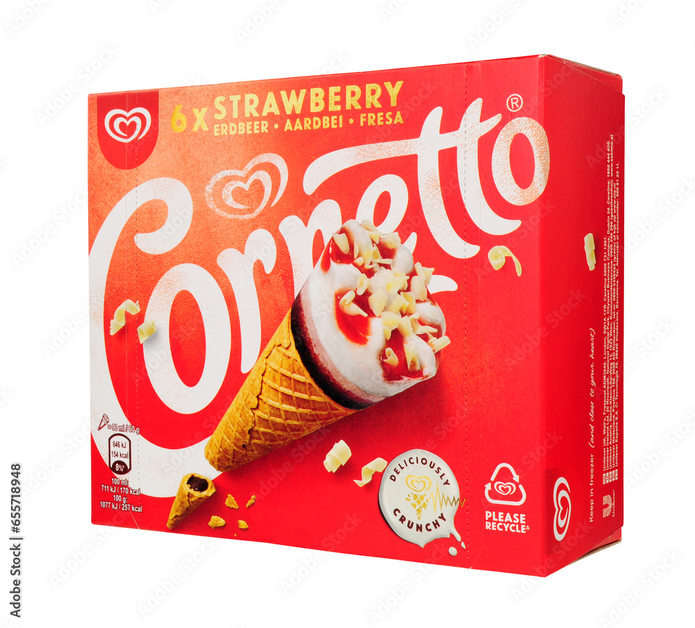 Walls strawberry and chocolate flavoured cornetto in a pack containing ...
