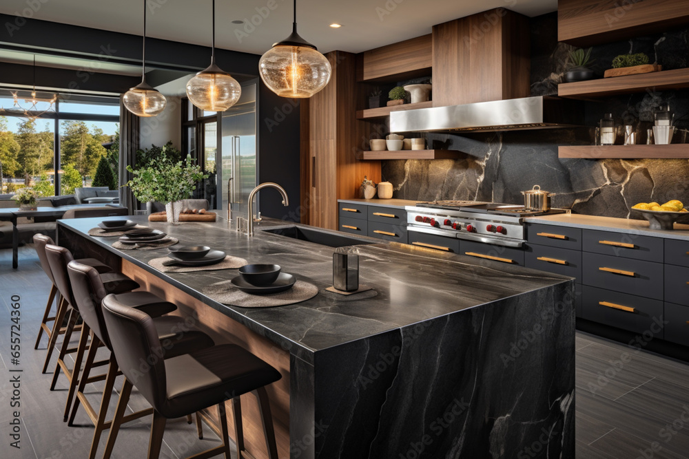 designer kitchen with basalt countertops, backsplash, and island Stock ...