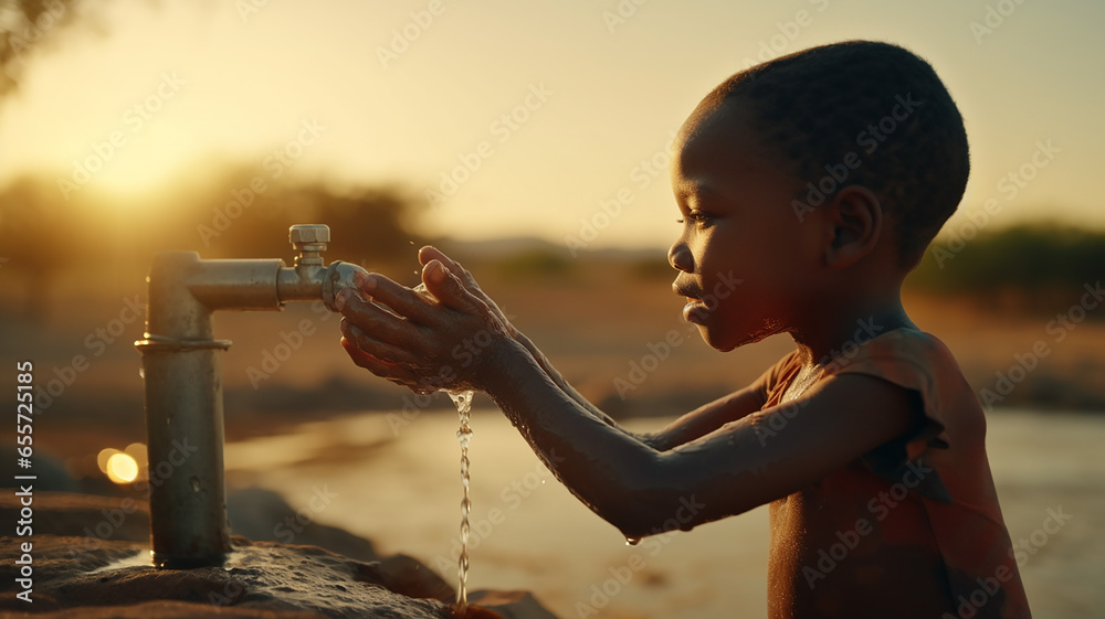 Foto de A young child in Africa holds out his hand Drink water to ...