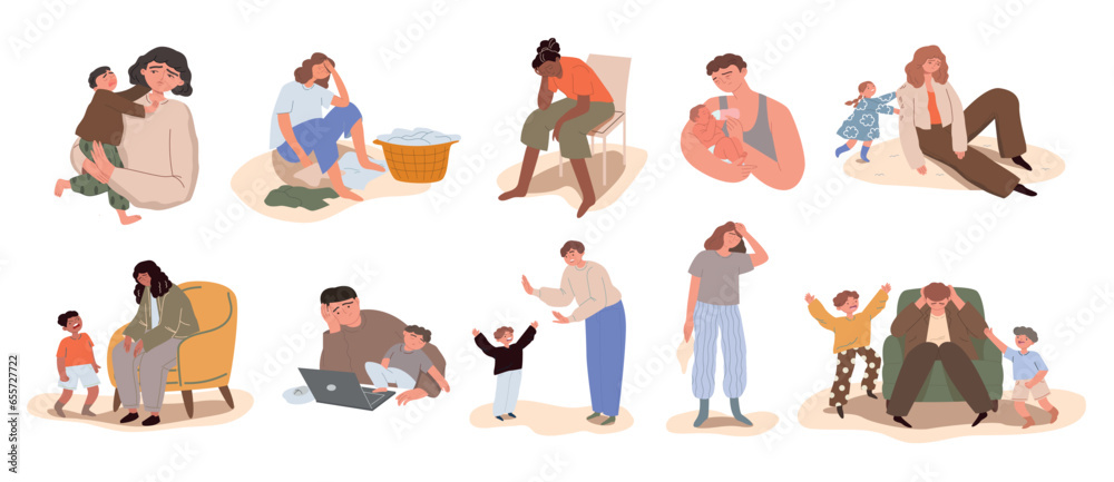 Set different tired parents. A woman and men parental responsibilities ...