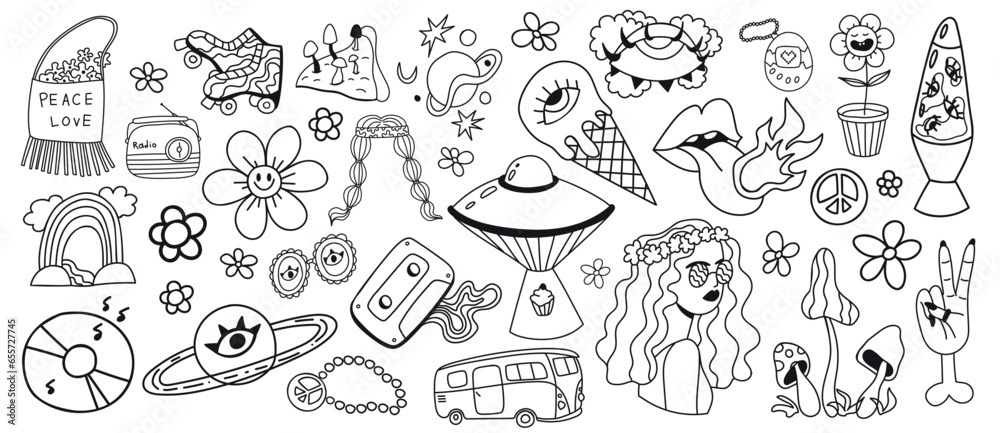 Collection retro hippie 70s hand drawn. Nice nostalgic vintage. Doodle ...