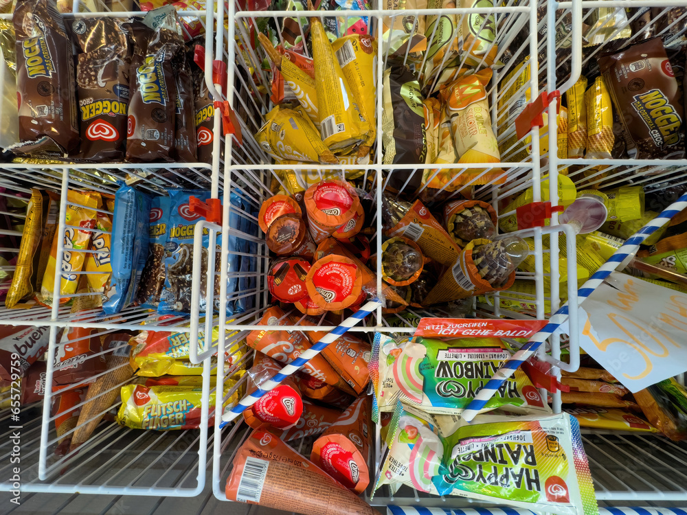 Germany - Sep 29, 2023: A top-down view showing a refrigerator stocked ...