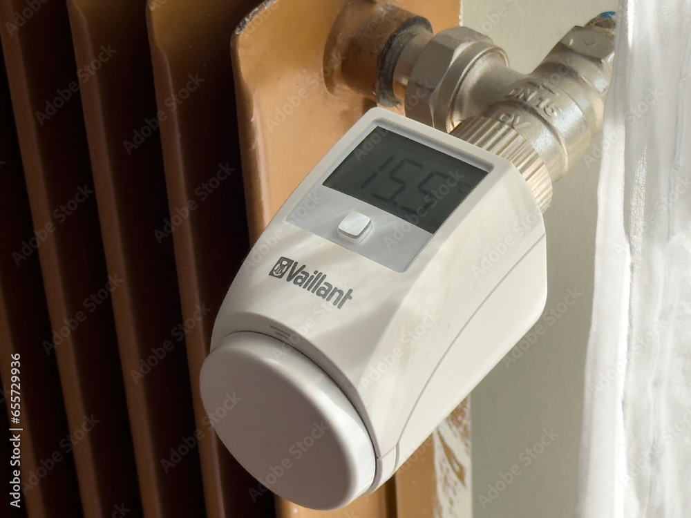 London, UK - Sep 28, 2023: Thermostatic Vaillant head controlled by a ...