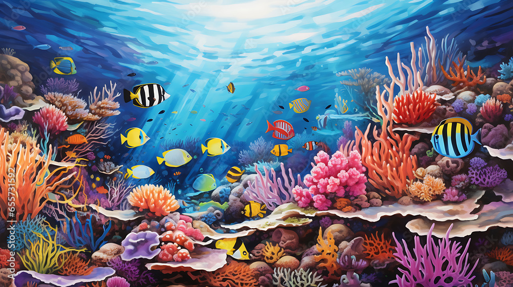 An underwater world teeming with marine life. Coral reefs in various ...