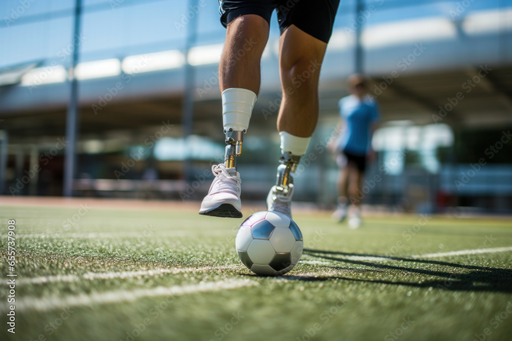 Football player with prosthetic legs in sneakers on a football field ...