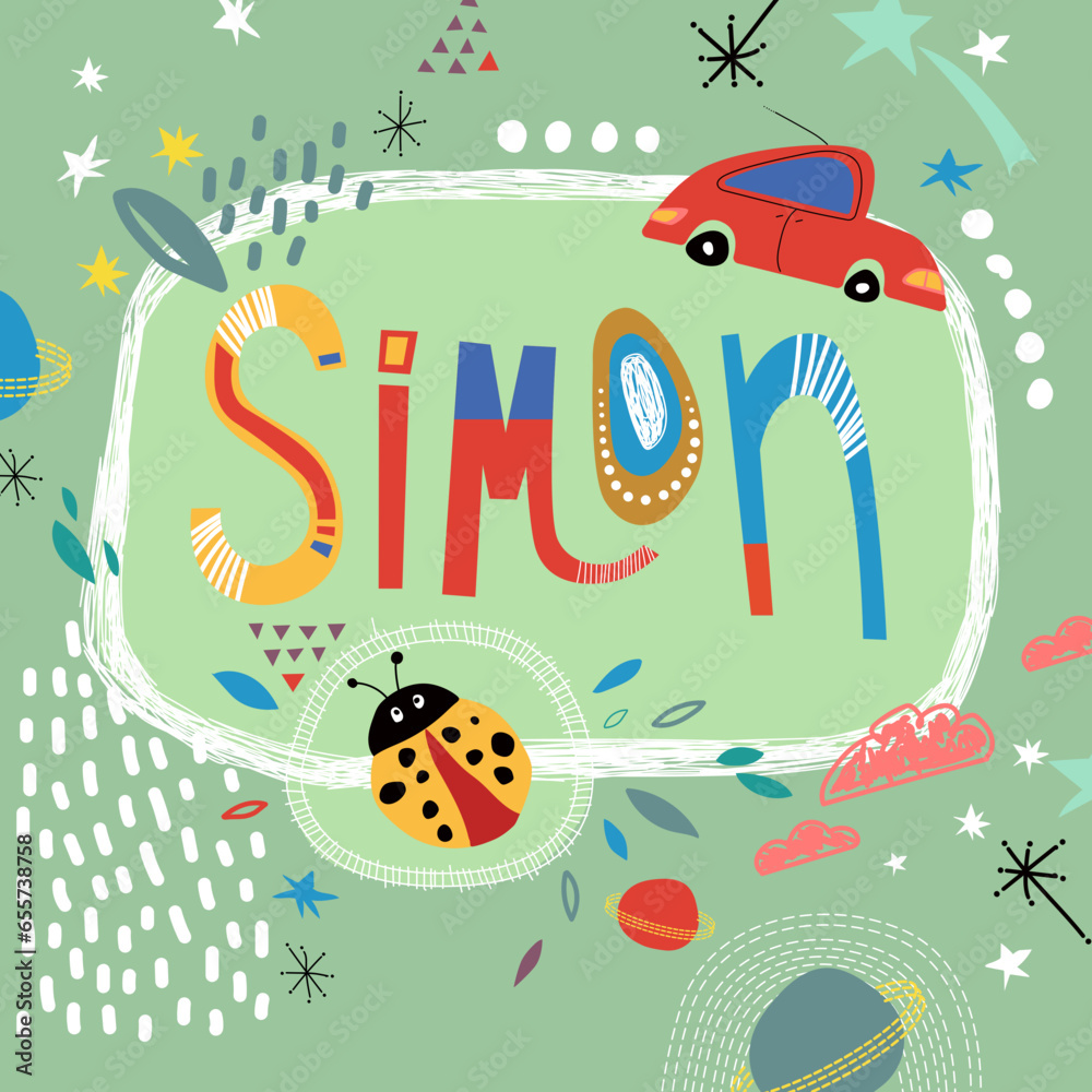 Bright card with beautiful name Simon in planets, car and simple forms ...