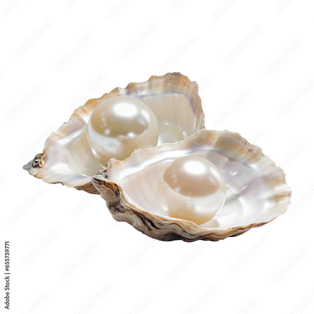 white two realistic pearl in a sea shell, Open oyster with white pearl ...