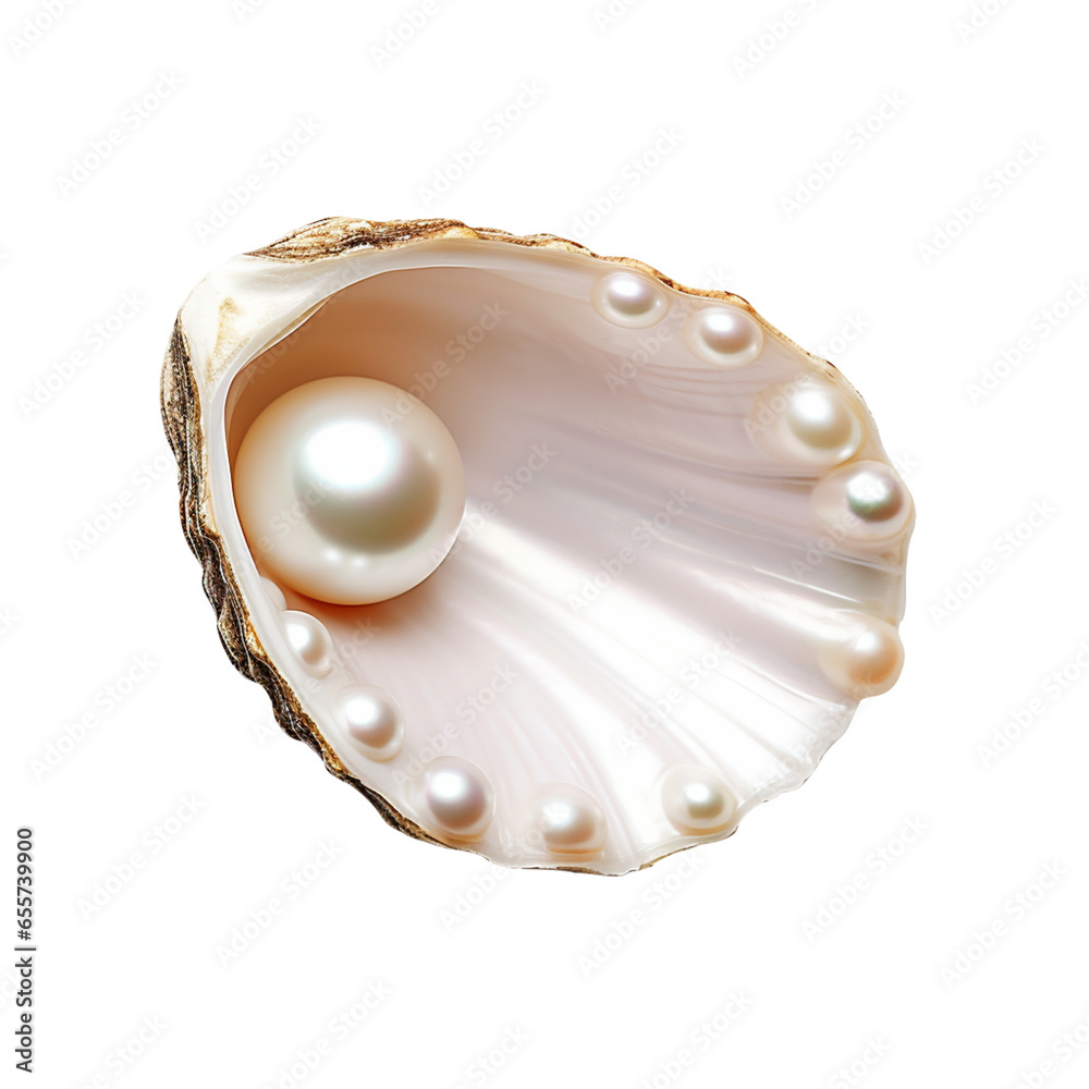 white single realistic pearl in a sea shell, Open oyster with white ...