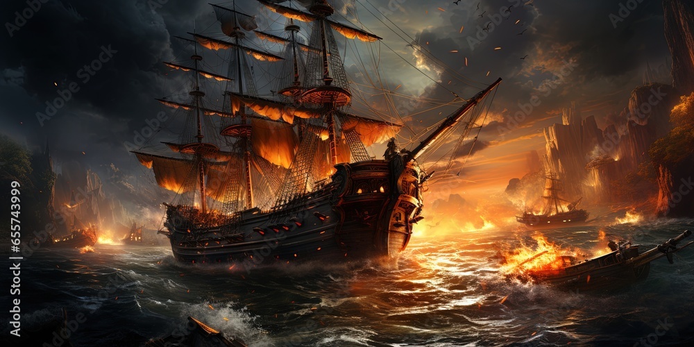 Intense naval battle scene between rival pirate ships, with cannons ...