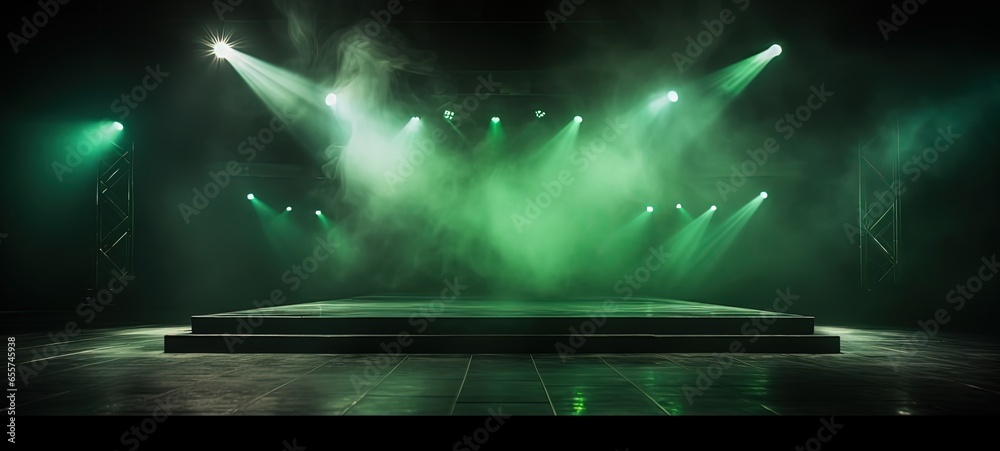 concert event stage with green spotlights shine on floor with dry ice ...