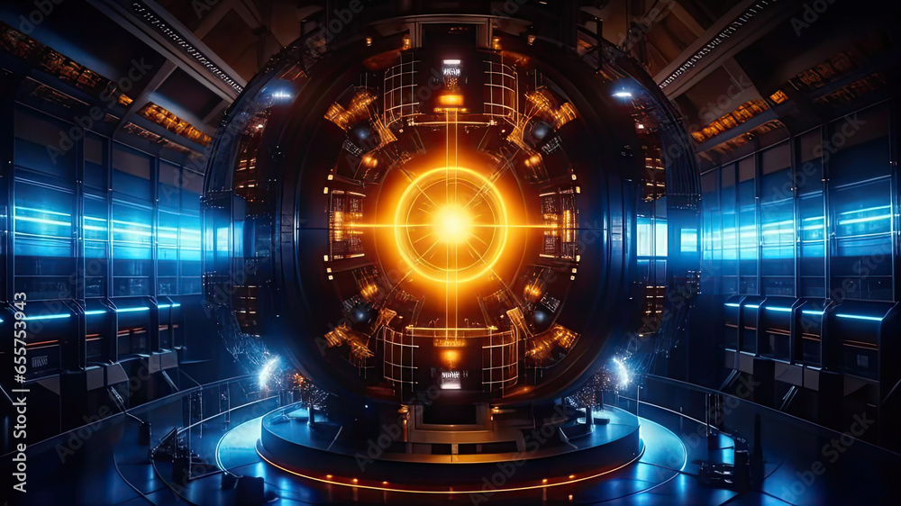 A circular chamber glowing with high energy. Research energy facility ...
