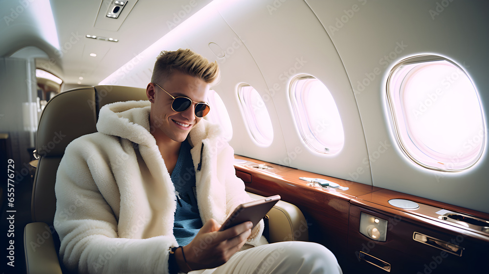 successful handsome man blogger, billionaire or rich businessman flying ...