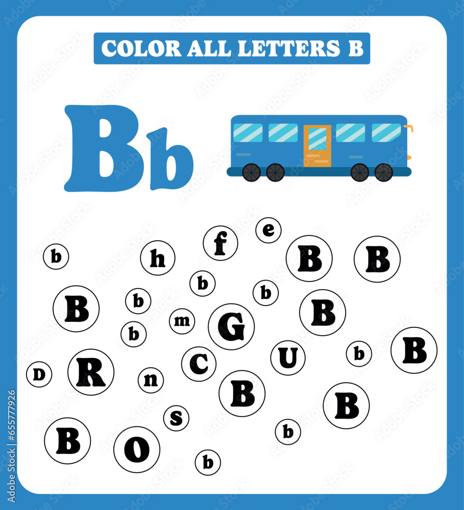 Learning alphabet. Color the all letter B. Educational worksheet design ...