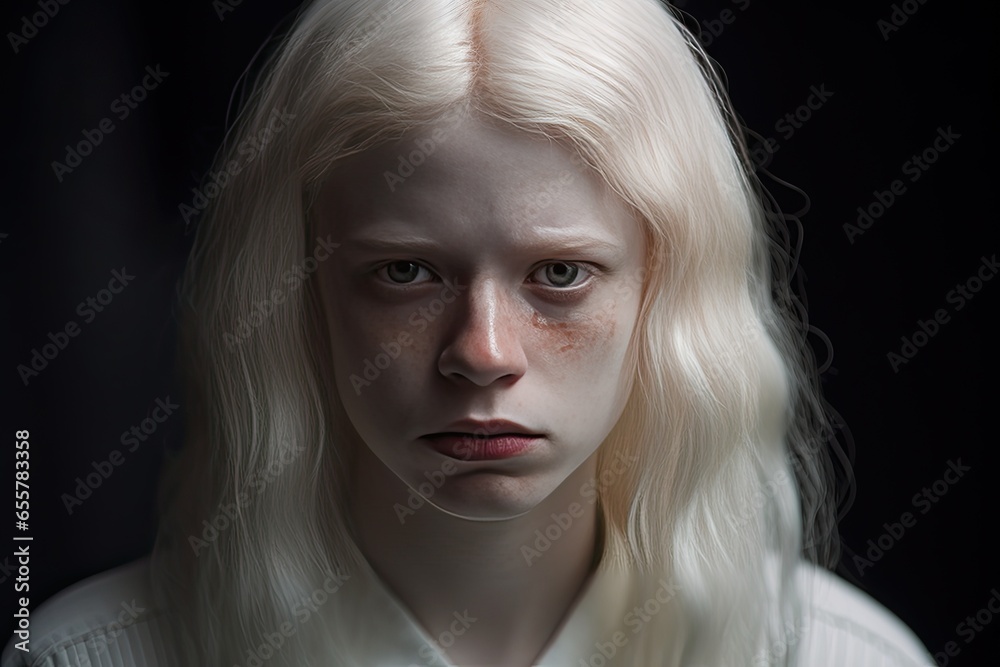 Albino teenager portrait with long hair and serious expression. Close ...