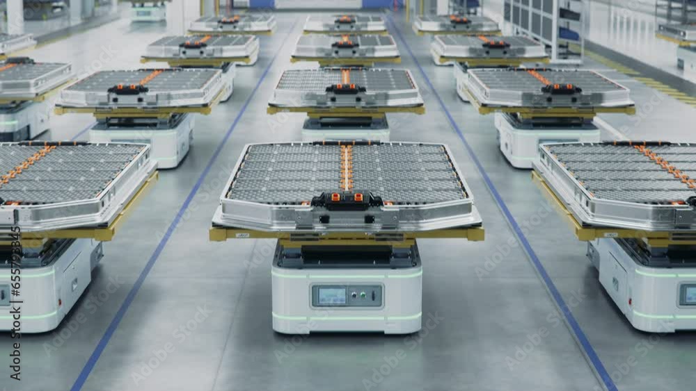 Rows of Electric Car Battery Packs loaded on AGV inside Modern ...
