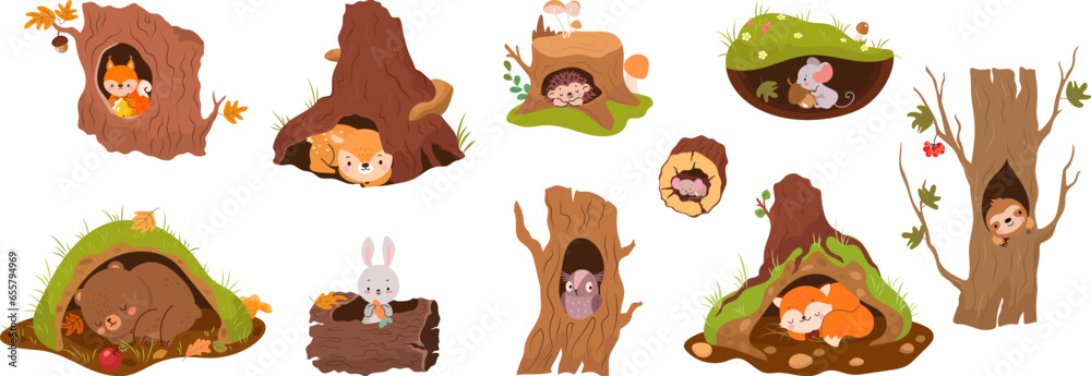 Forest animals inside holes and burrows. Tree burrow and hole in earth ...