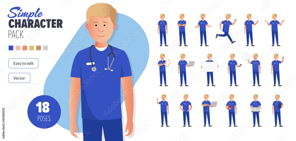 Simple flat male nurse man vector character in a set of multiple poses ...