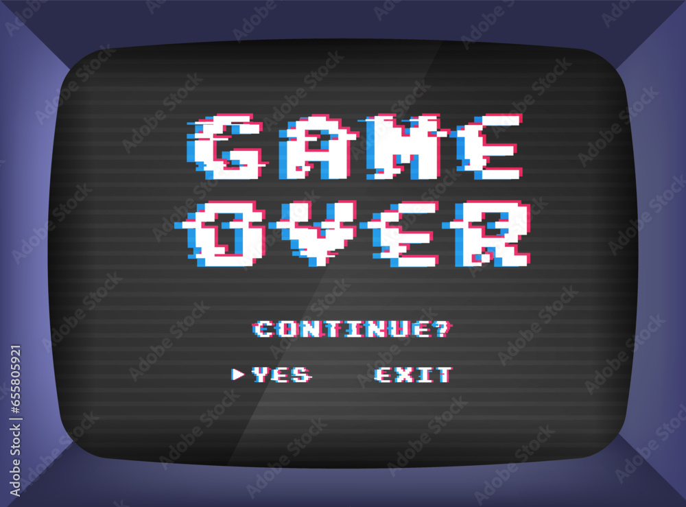 Game over screen. pixel video games 8-bit play interface old console ...