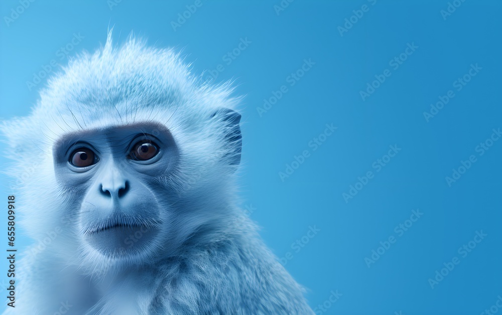 Portrait photo of funny blue monkey. Close up on a modern blue pastel ...