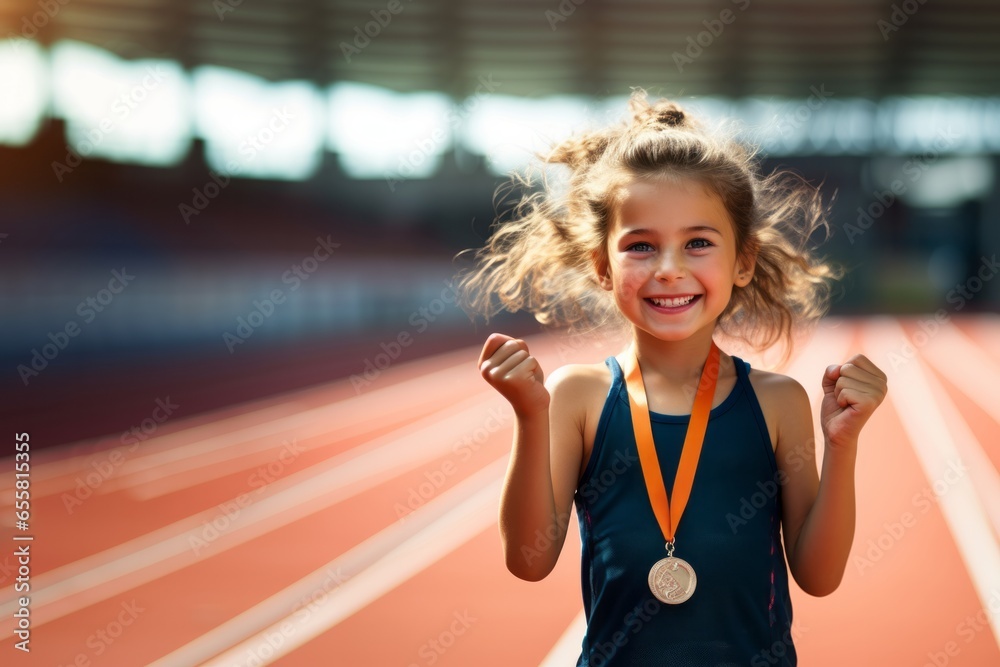 Cheerful little sports girl celebrating the win wearing a gold medal ...
