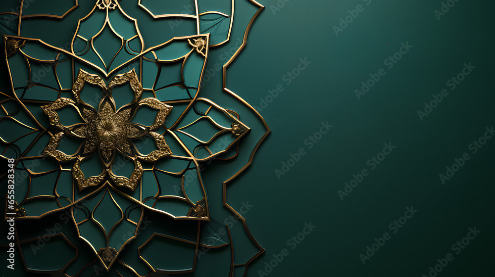 green background with some minimal islamic geometric designs in gold ...