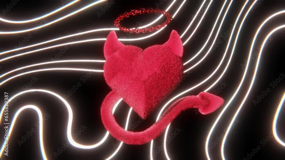 Abstract devil red heart with chains character and white neon waves in ...