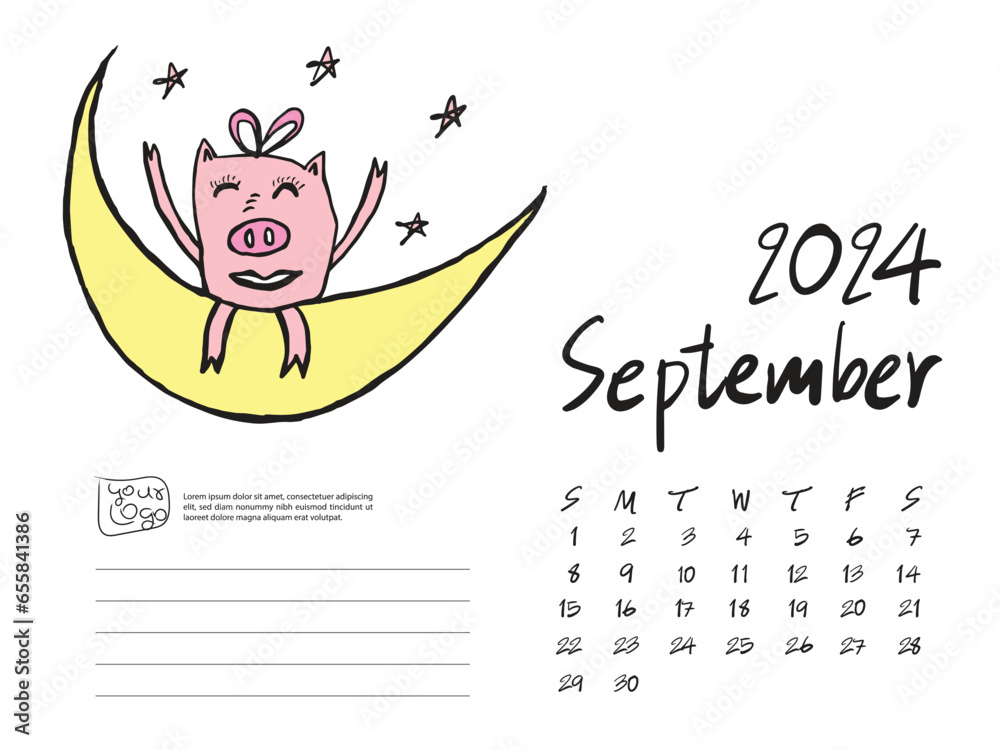 Calendar 2024 design template with Cute Pig vector illustration ...