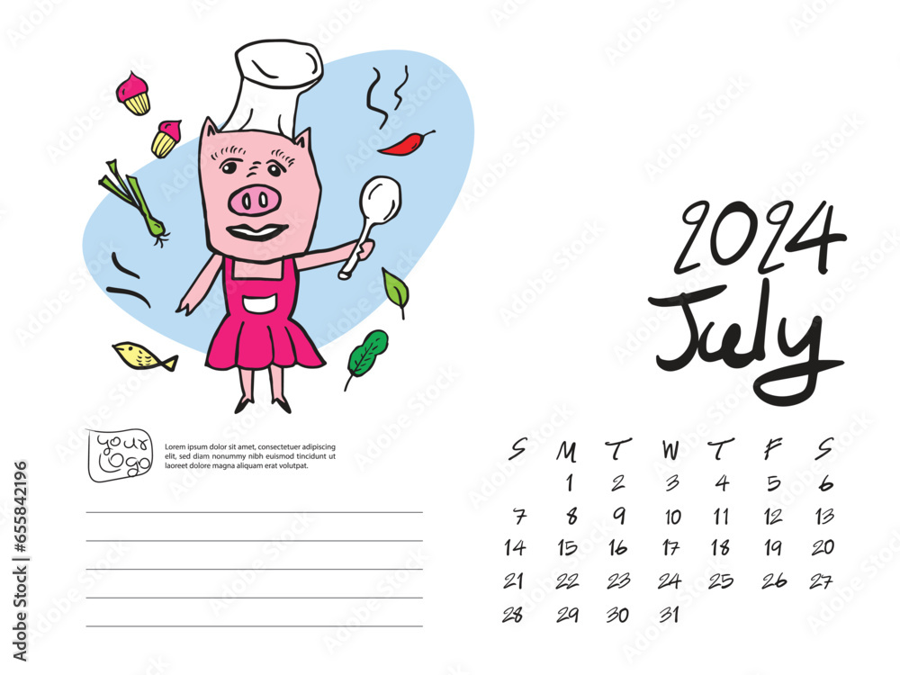 Calendar 2024 design template with Cute Pig vector illustration, July ...