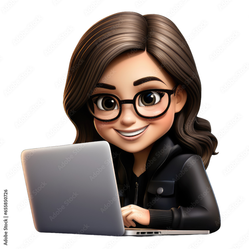 Emoji happy woman businesswoman at a laptop on a transparent background ...
