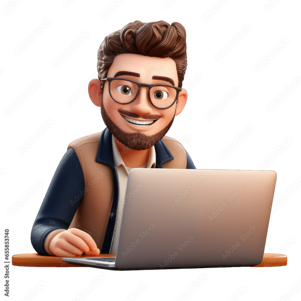 Emoji happy male businessman using a laptop on a transparent background ...