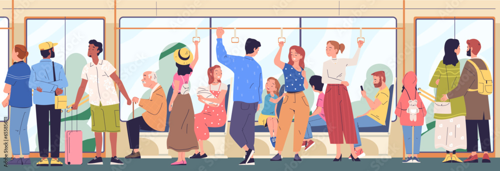 Passengers inside public transport. Seated and standing characters ride ...