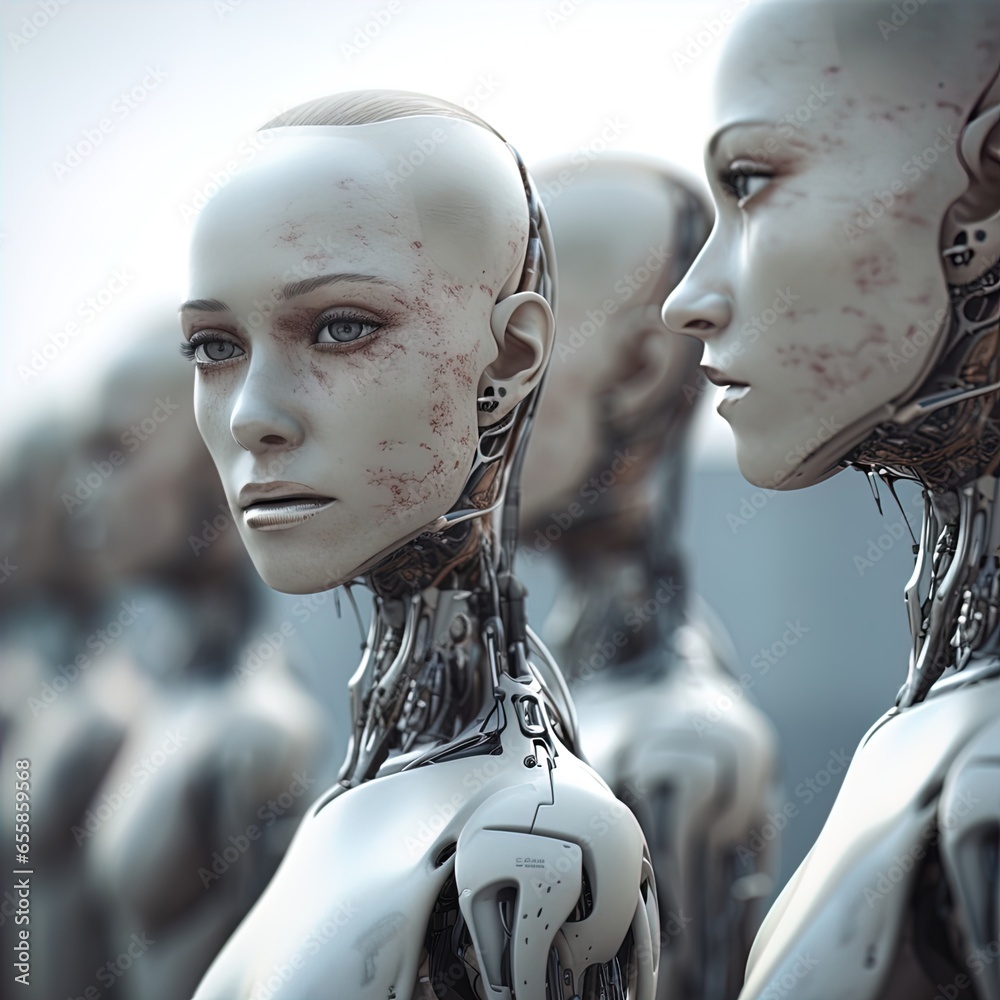 A line of humanoid robots stands silently. Great for stories on ...