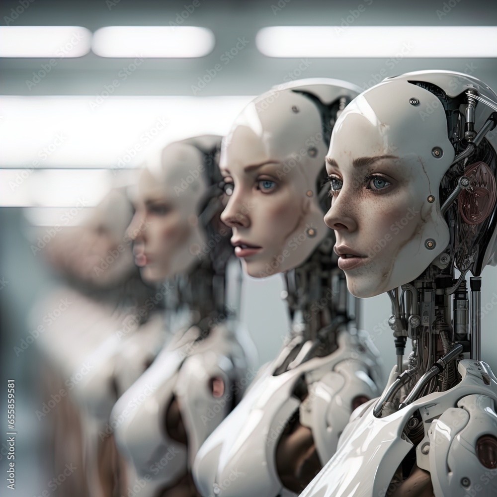 A line of humanoid robots stands silently. Great for stories on ...