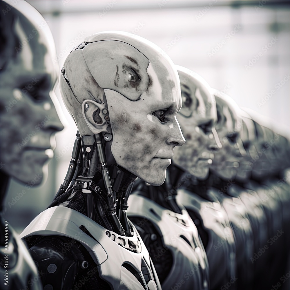 A line of humanoid robots stands silently. Great for stories on ...
